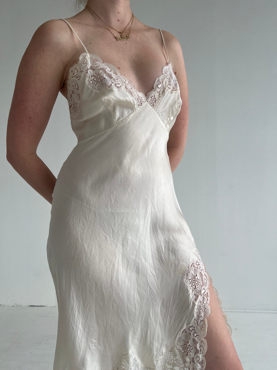 1940s White Silk Slip Dress With Lace Eveliina Vintage