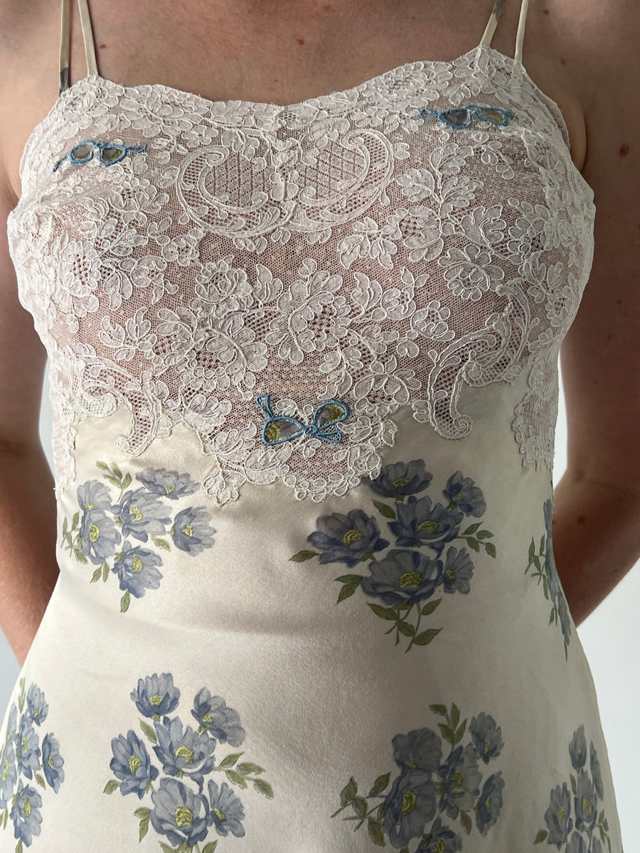 1930's Blue Floral Print Spaghetti Strap Slip with White Lace ...