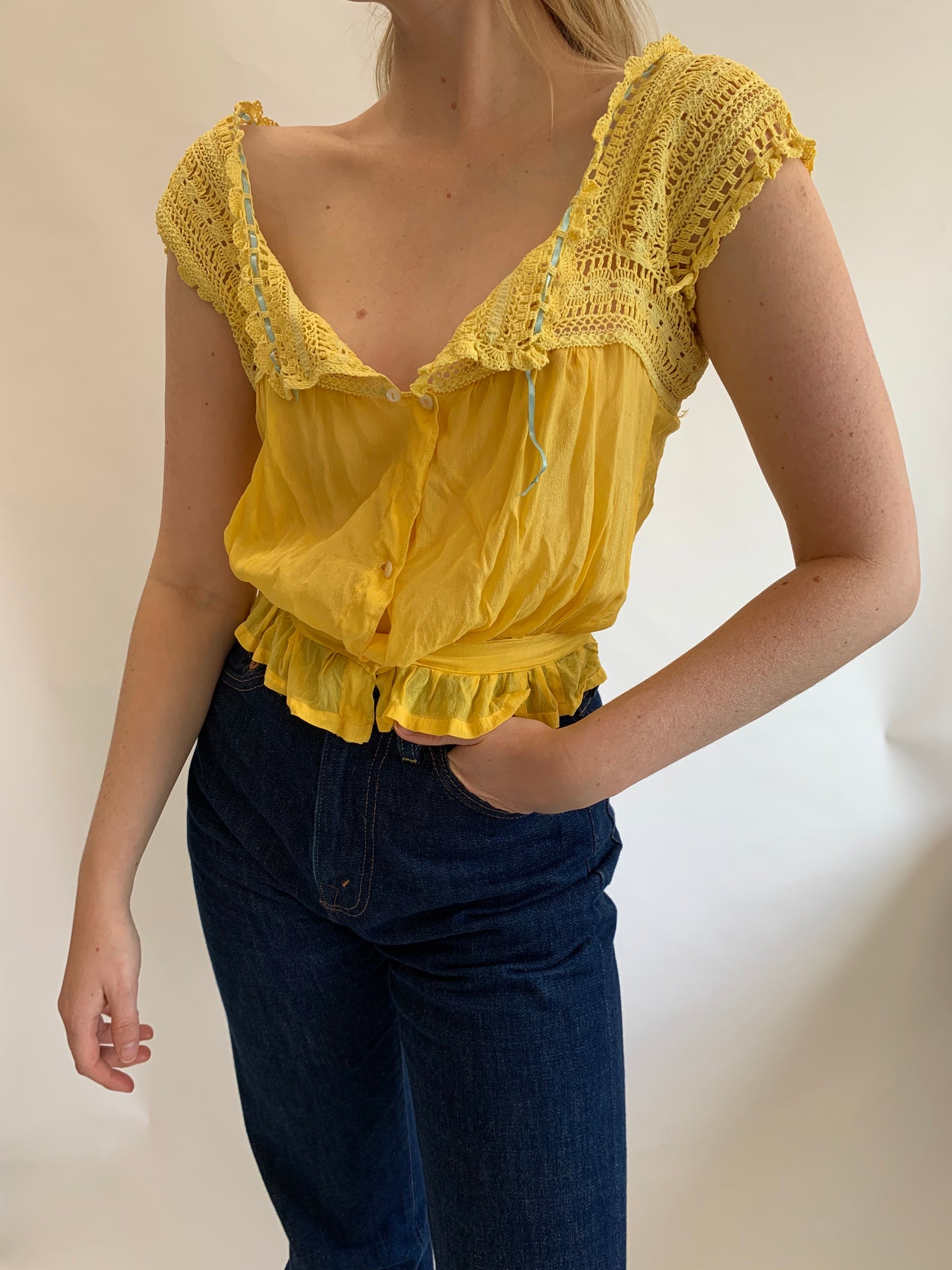 Yellow Silk & Cotton Crochet Top – Eveliina Vintage